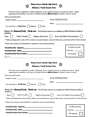 Fillable Online Bishop Moore Catholic High School - Absence / Tardy ...