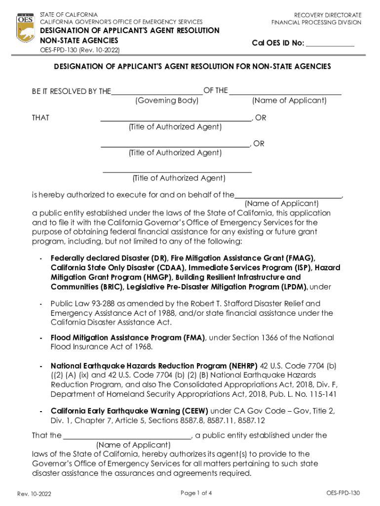 Fillable Online Form OES-FPD-130. Designation of Applicant's Agent ... Fillable Online Form OES-FPD-130. Designation of Applicant's Agent ...