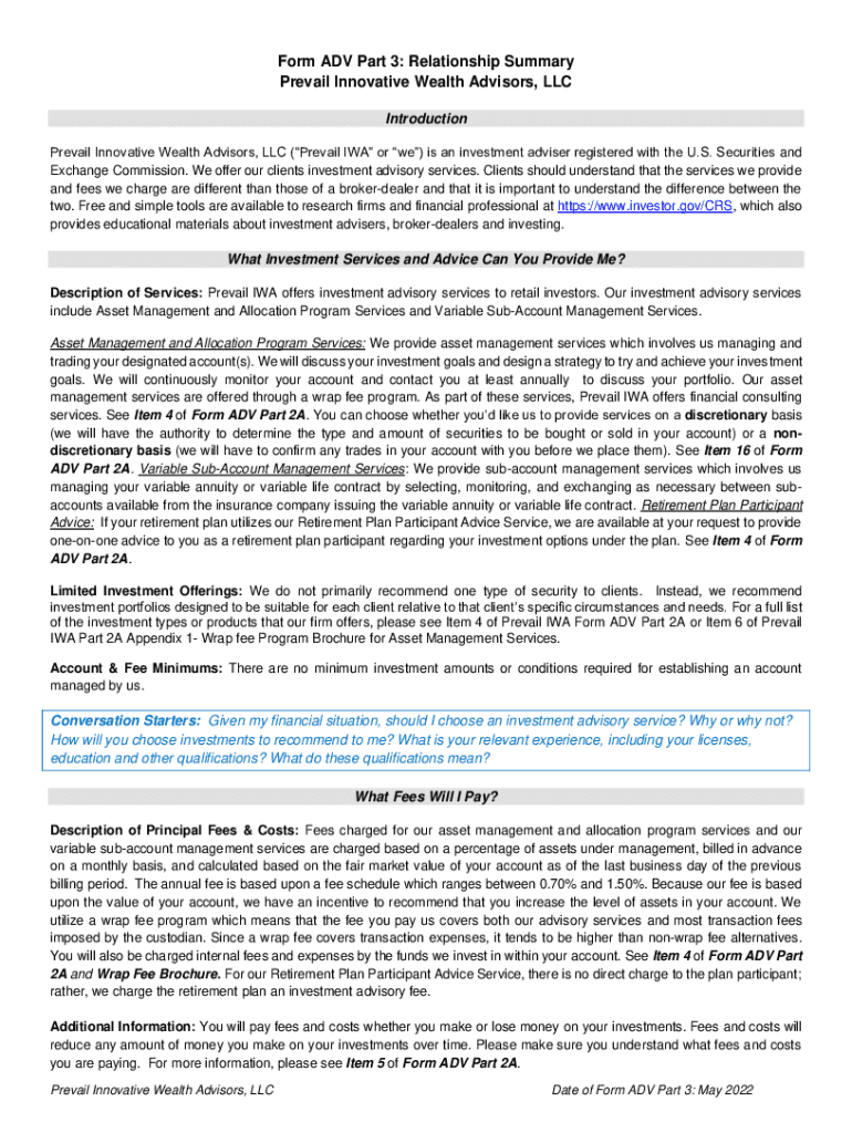 Fillable Online Form ADV Part 3: Relationship Summary Prevail Innovative Wealth ... Fax Email ...