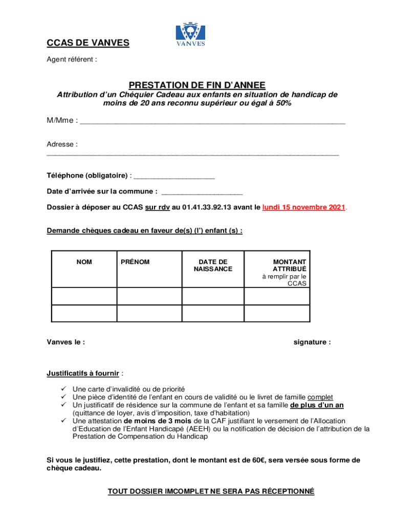Fillable Online PRESTATION DE FIN DANNEE pour les enfants en situation ...