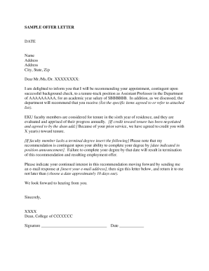 Fillable Online SAMPLE OFFER LETTER DATE Name Address Address City ...