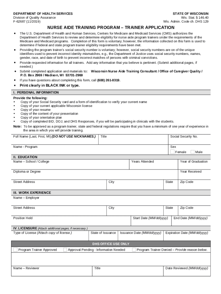 Nurse Aide Training Program Trainer Application, F-62687. 00788 - dhs wisconsin Doc Template ...