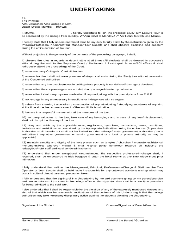 Fillable Online UNDERTAKING - A.B.A. COLLEGE OF LAW Fax Email Print ...