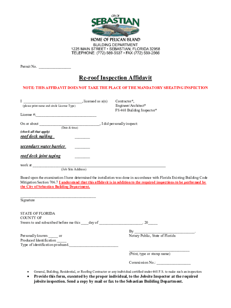 Fillable Online Re-Roof Dry-in Inspection Affidavit - Orange County ...