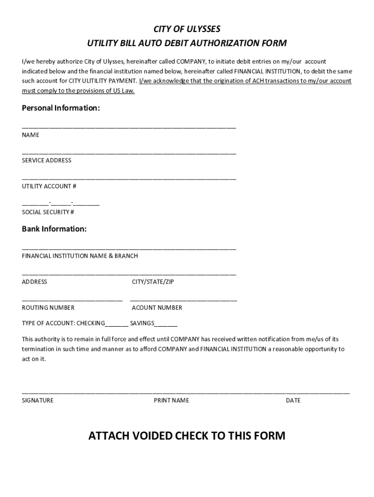 Fillable Online city of ulysses utility bill auto debit authorization ...