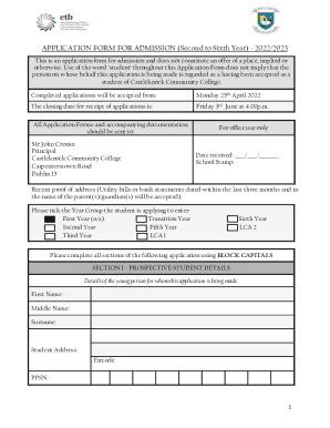 Fillable Online APPLICATION FORM FOR ADMISSION (Second to Sixth Year ...
