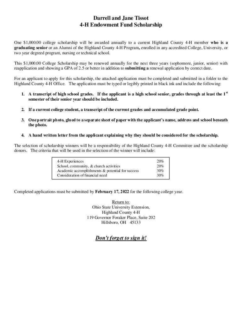 Fillable Online Darrell and Jane Tissot 4-H Endowment Fund Scholarship ...