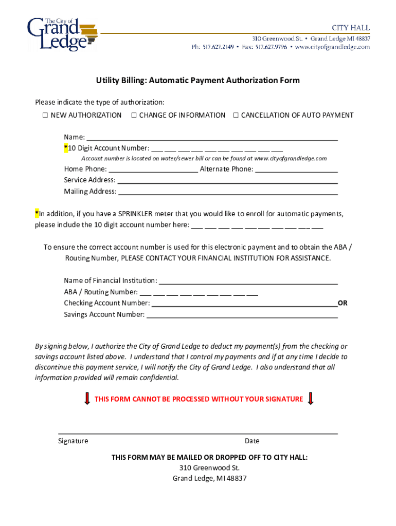 Fillable Online Utility Billing: Automatic Payment Authorization Form - Grand Ledge ... Fax ...