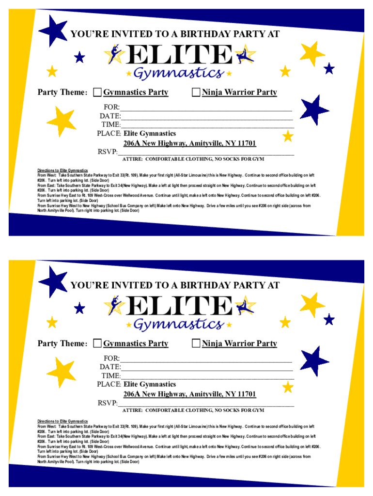 Fillable Online Gymnastics & Ninja Birthday Parties at Elite Gymnastics Fax Email Print - pdfFiller