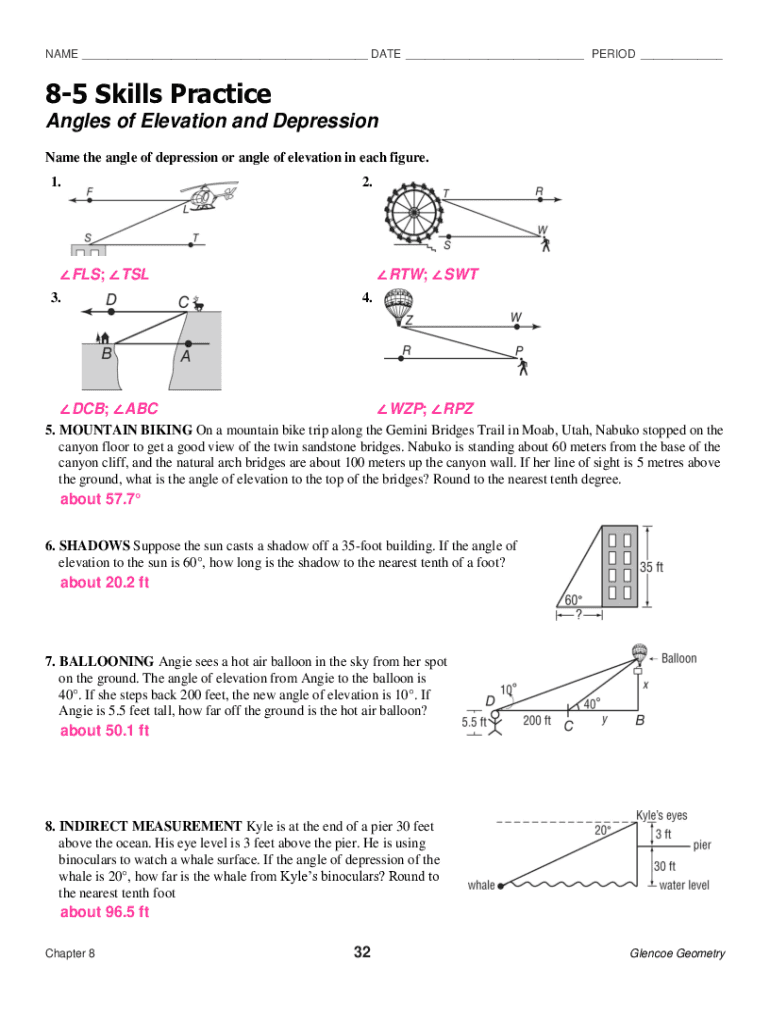 8 5 Skills Practice Angles Of Elevation And Depression - Fill Online, Printable, Fillable, Blank ...