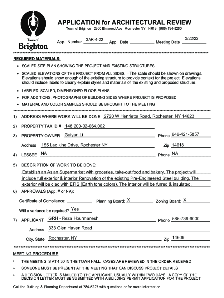 Fillable Online APPLICATION for ARCHITECTURAL REVIEW - Brighton, NY Fax ...