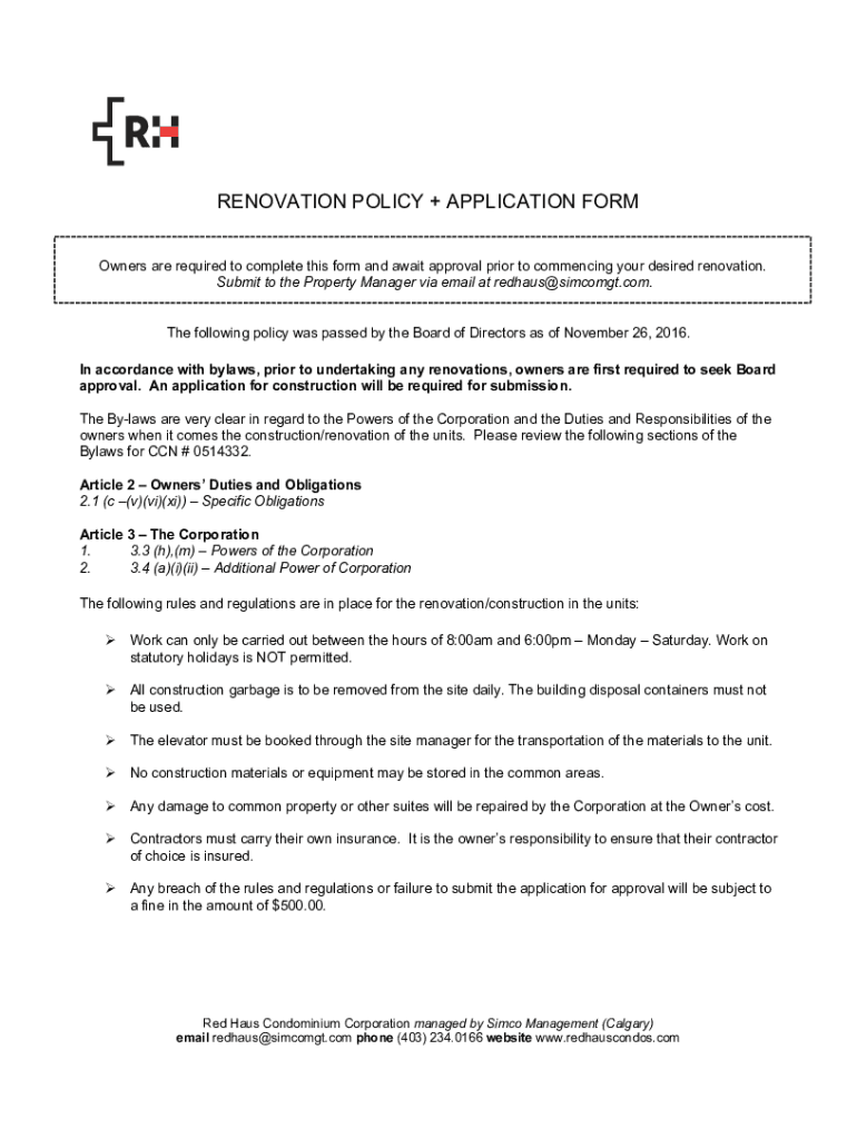 Fillable Online RENOVATION POLICY + APPLICATION FORM Fax Email Print - pdfFiller