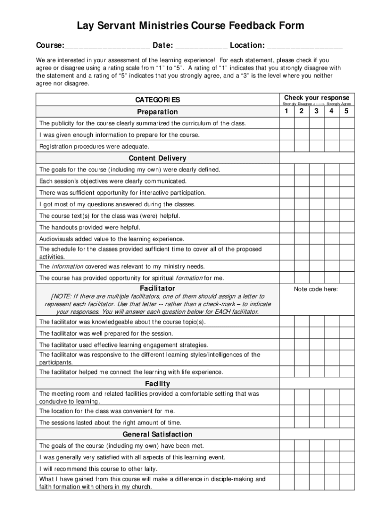 Fillable Online Lay Servant Ministries Course Feedback Form Fax Email Print - pdfFiller