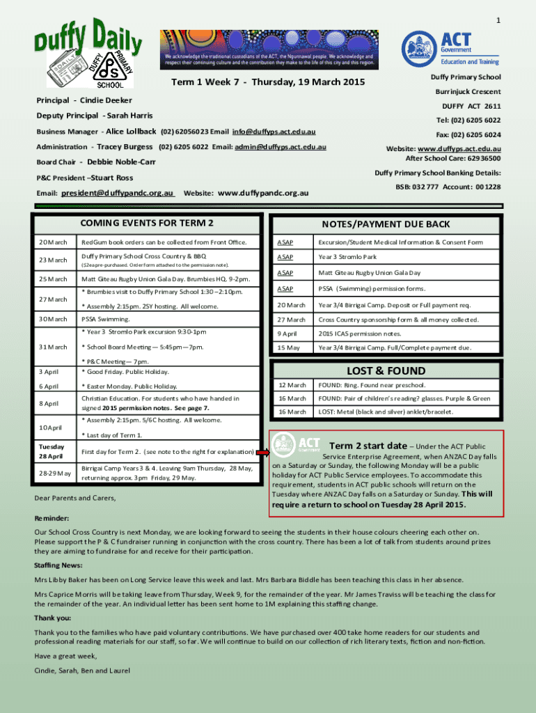 Fillable Online Duffy Primary School Newsletter Term 1 Week 7. Duffy ...