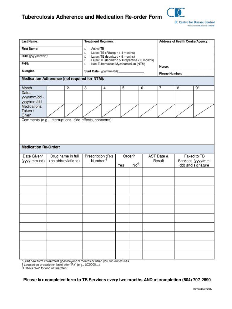 Fillable Online Tuberculosis Adherence and Medication Re-order Form Fax ...