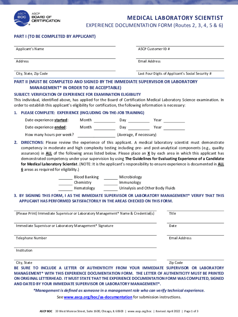 2022-2025 ASCP Medical Laboratory Scientist Work Experience Documentation Form Fill Online ...