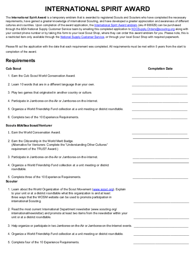 Fillable Online International Spirit Award - U.S. Scouting Service ...