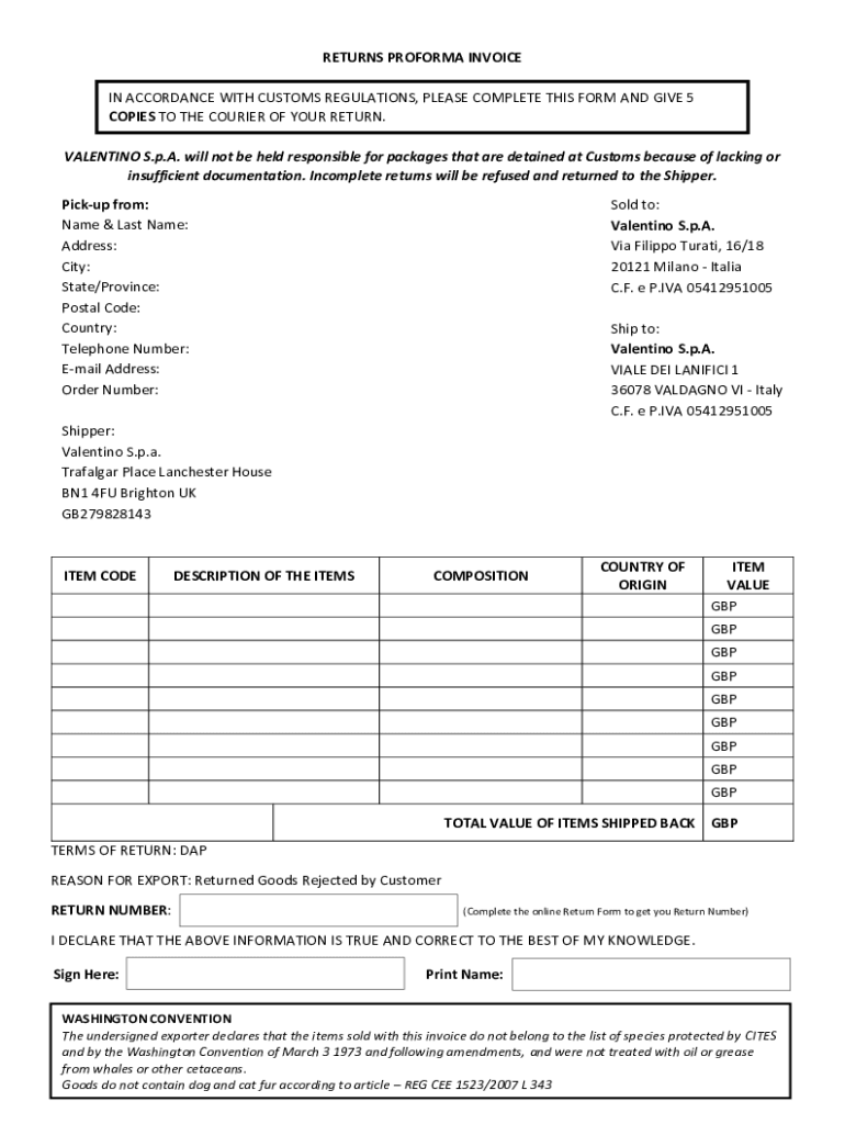 Fillable Online RETURNS PROFORMA INVOICE VALENTINO S.p.A. will not be ... Fax Email Print ...