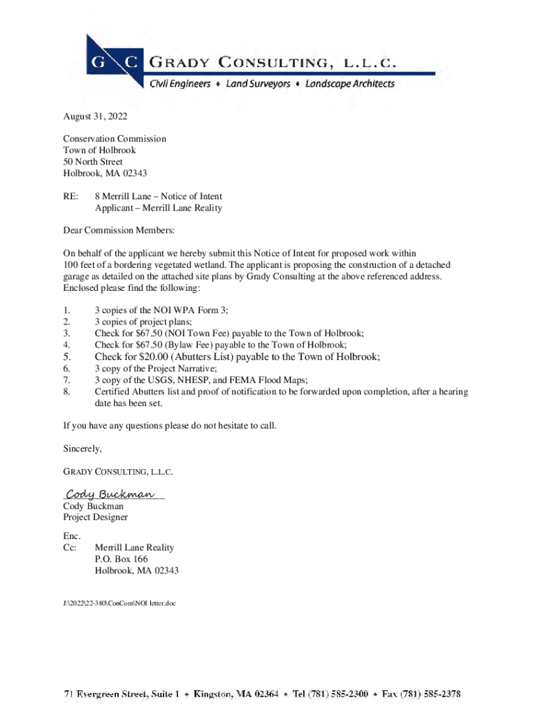 Fillable Online Notice of Intent Application - Town of Holliston Fax Email Print - pdfFiller