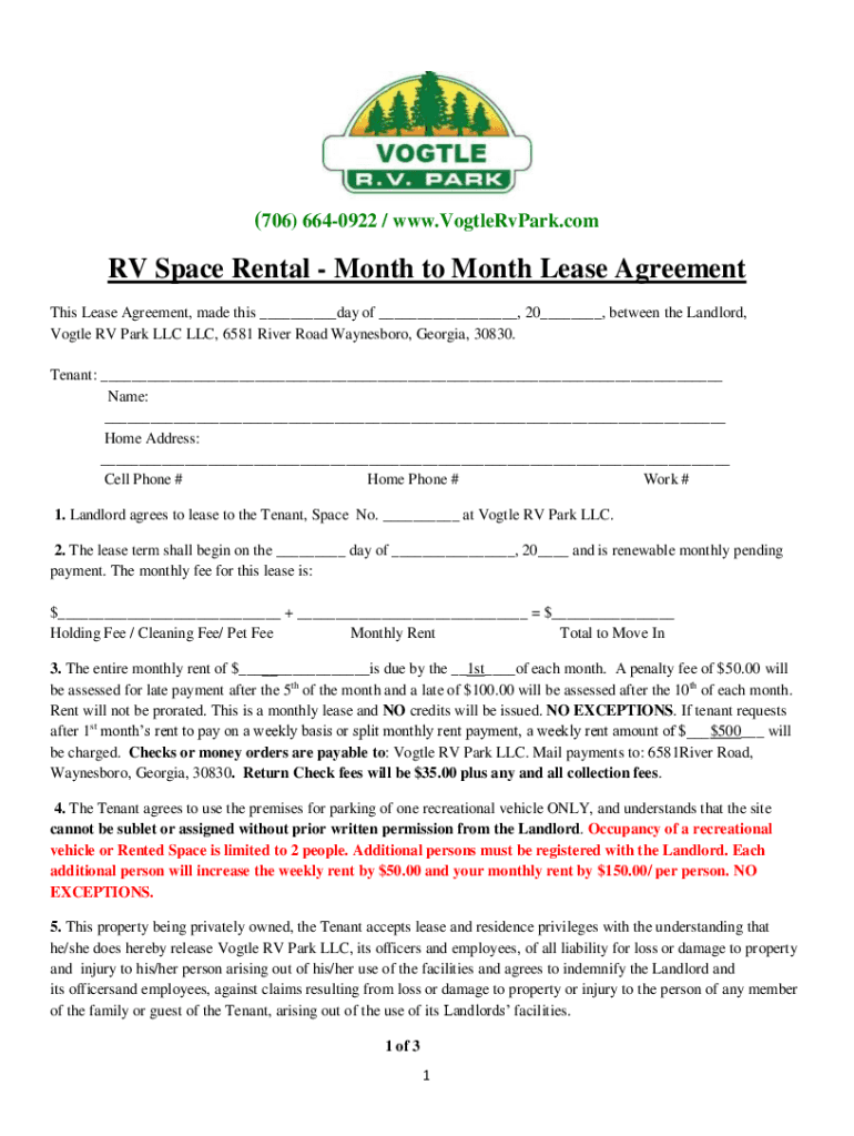 Fillable Online RV Space Rental - Month to Month Lease Agreement Sample ...