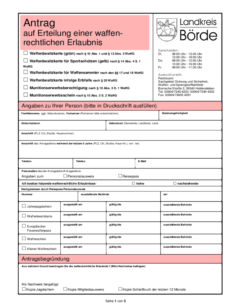 Fillable Online Grundantrag auf Erteilung einer waffenrechtlichen Erlaubnis Fax Email Print ...