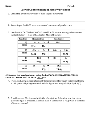 Fillable Online Law of Conservation of Mass Worksheet Fill in the blank ...