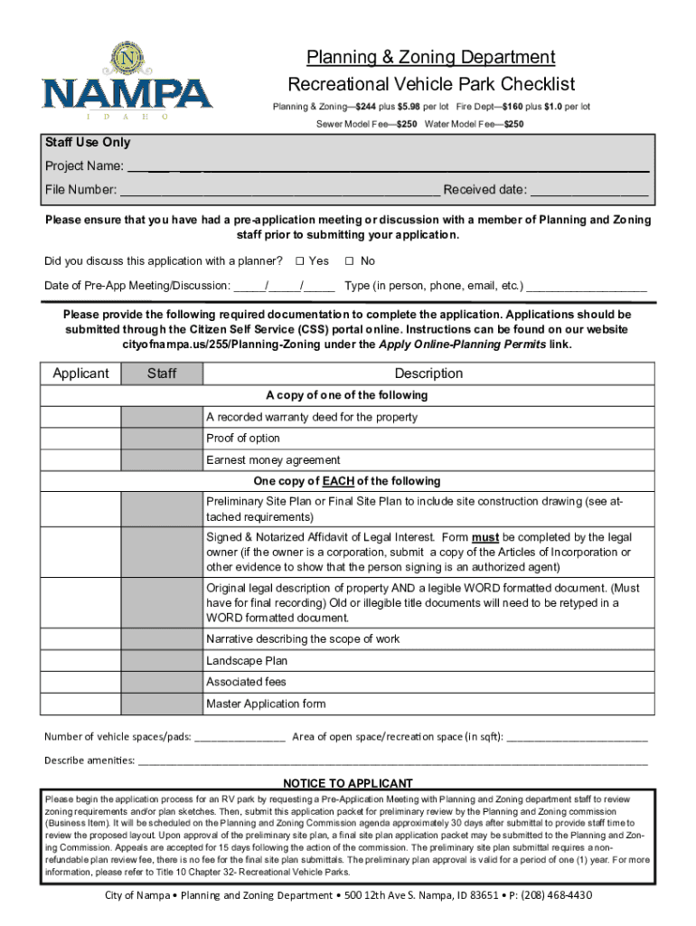 Fillable Online Planning & Zoning Department Recreational Vehicle Park ...