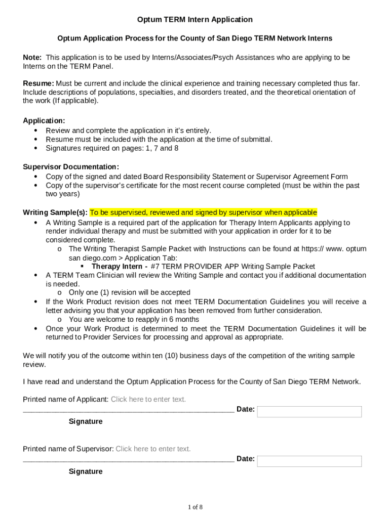 Checklist for TERM Intern Application - Optum San Diego Doc Template ...
