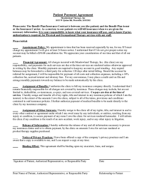 Fillable Online Patient Payment Agreement - Meadowland Therapy Fax ...