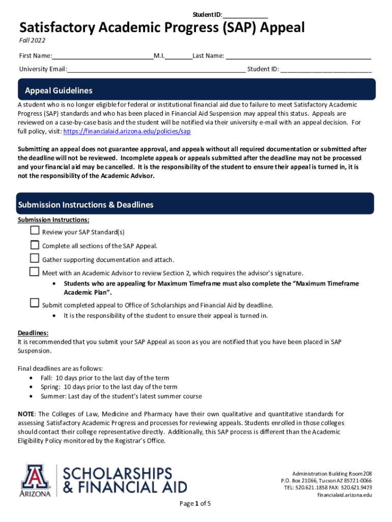 Fillable Online financialaid arizona Satisfactory Academic Progress (SAP) Appeal - Financial Aid ...