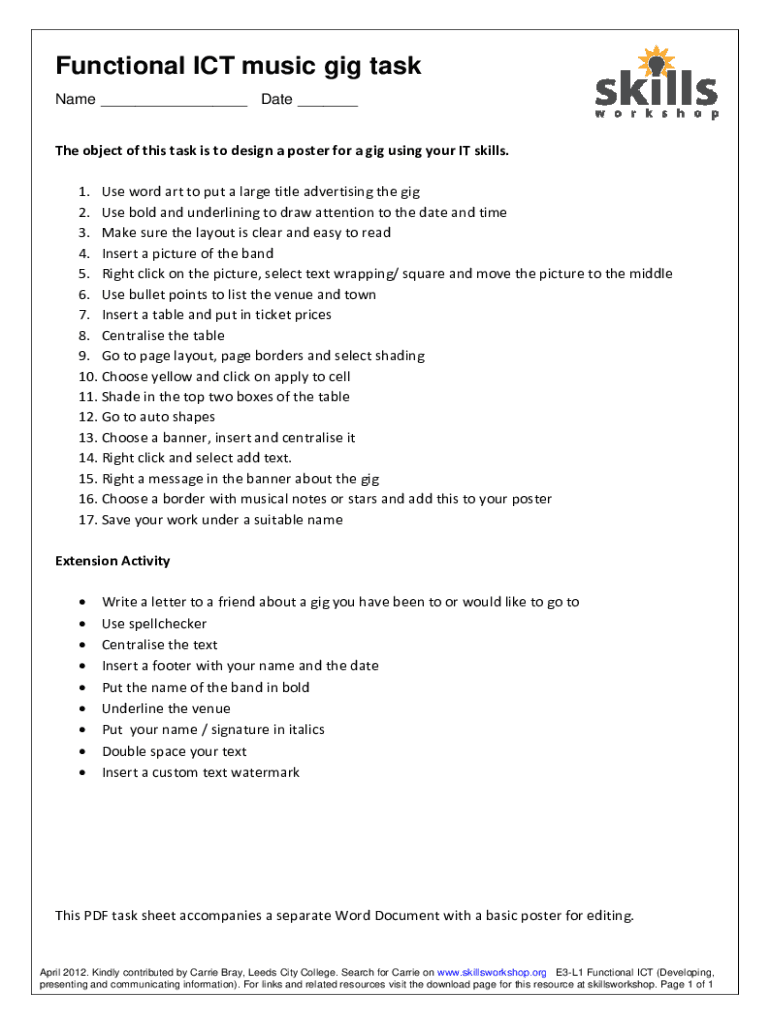 Fillable Online E3-L1 Functional ICT music gig poster task sheet Fax ...