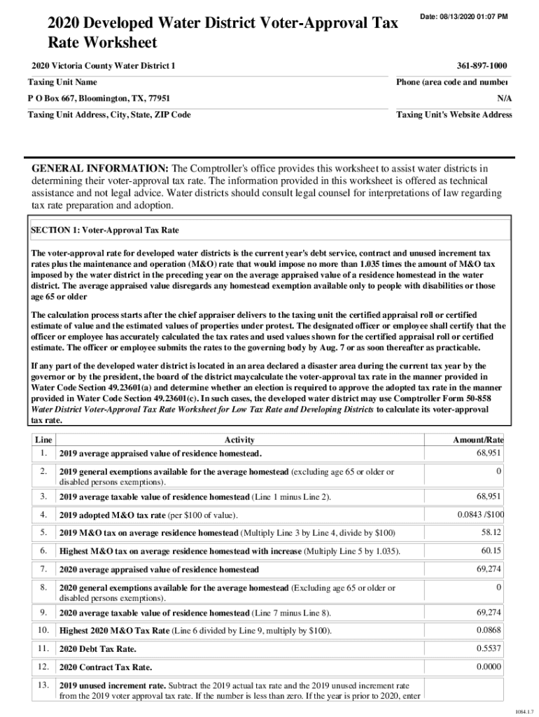 Fillable Online Water District Voter-Approval Tax Rate Worksheet Fax ...
