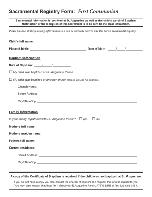 Fillable Online Sacramental Registry Form: First Communion Fax Email ...