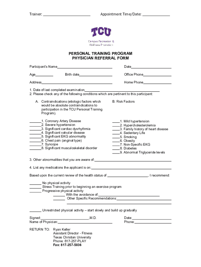 Fillable Online campusrec tcu Physician's Referral Form Pertaining to a ...