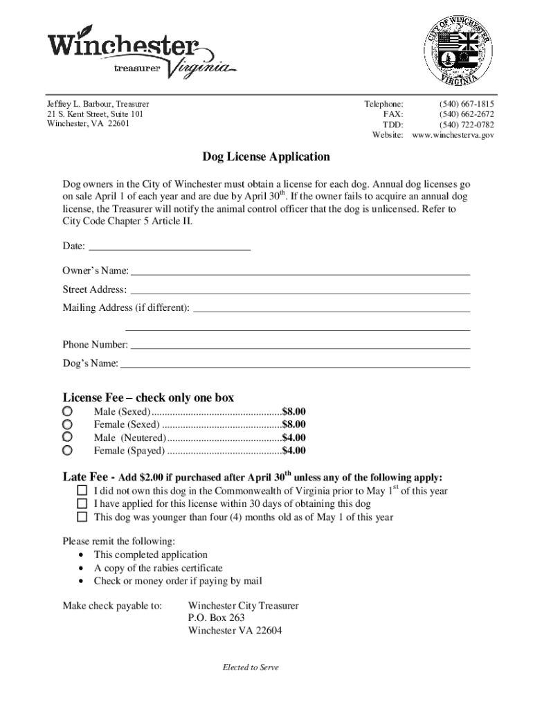 Fillable Online Dog License Application - City of Winchester Fax Email ...