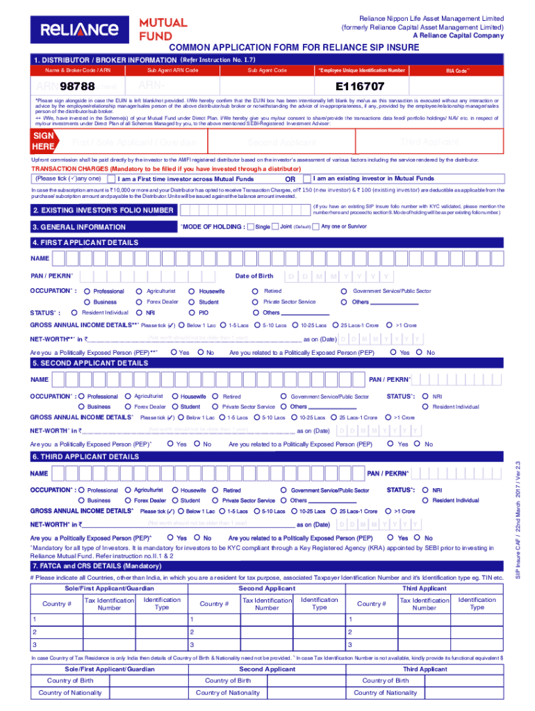 Fillable Online common application form for reliance sip insure Fax ...