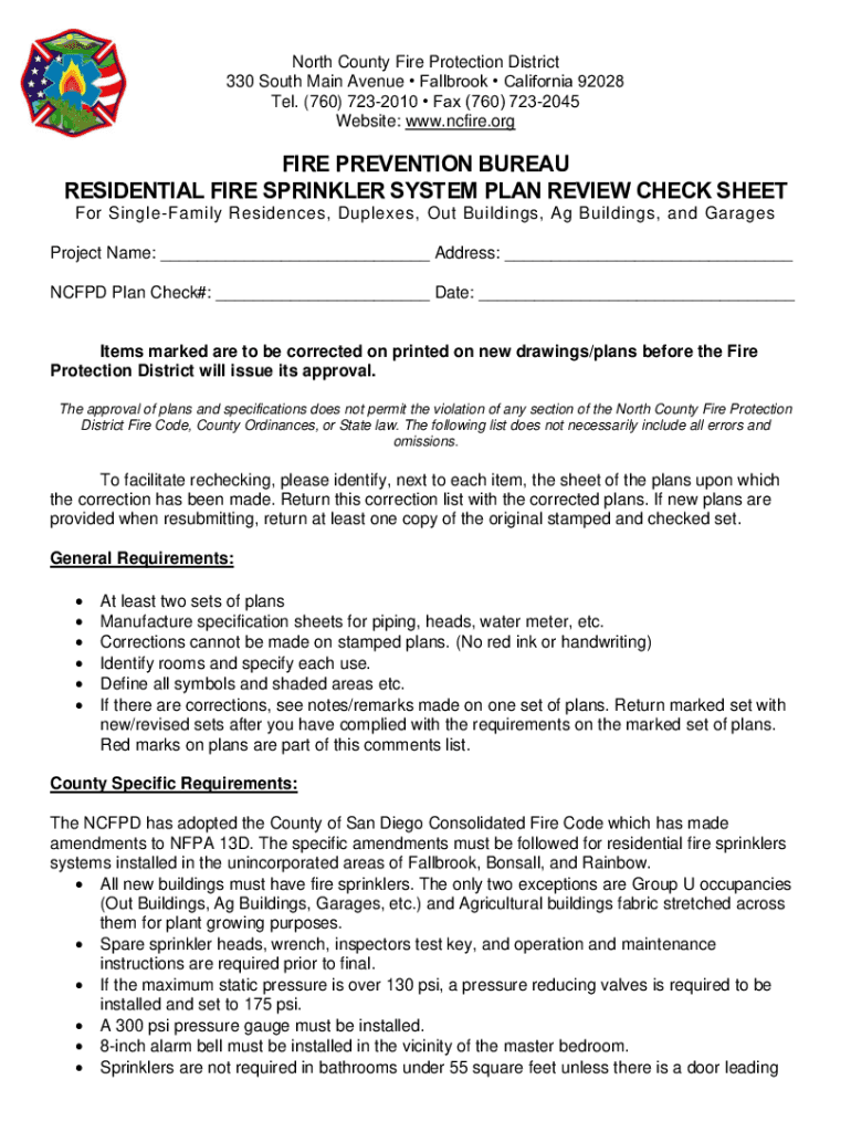 Fillable Online Residential Fire Sprinkler Plan Review Check Sheet Fax ...