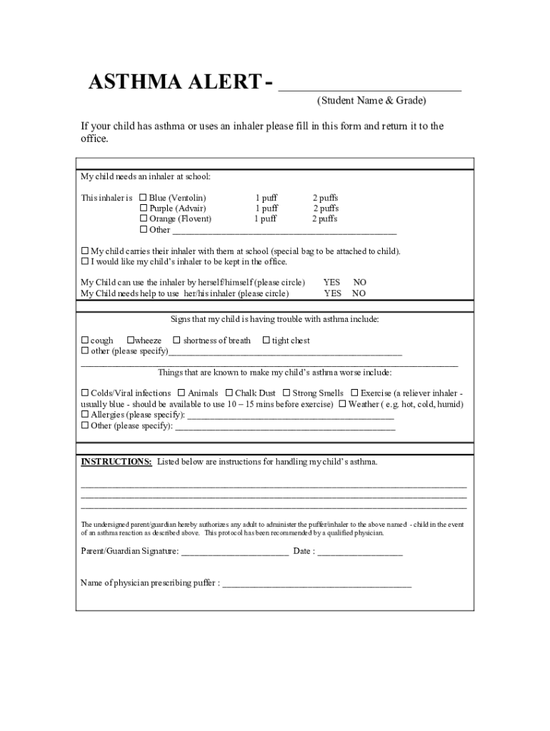 Fillable Online Asthma Inhaler Forms - Warwick School District Fax ...