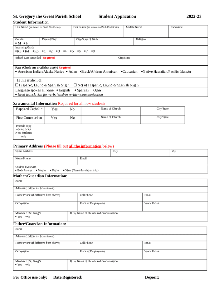 St. Gregory the Great Catholic School Application for ... Doc Template ...