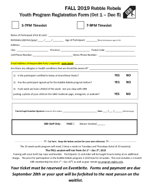 Fillable Online FALL 2019 Rubble Rebels Youth Program Registration Form ...