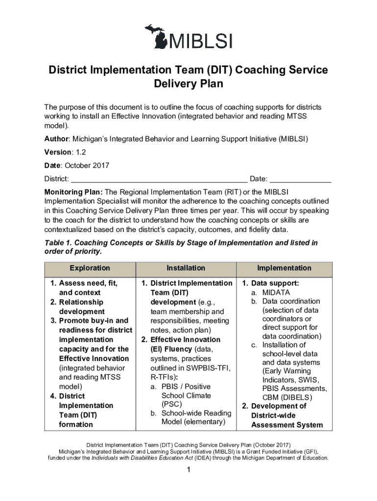 Fillable Online District Implementation Team (DIT) Coaching Service ...