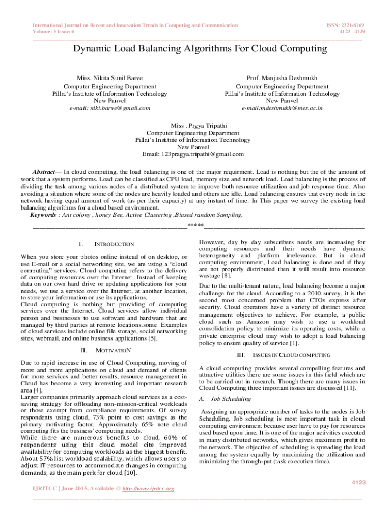 Fillable Online Dynamic Load Balancing Algorithms For Cloud Computing Fax Email Print Pdffiller