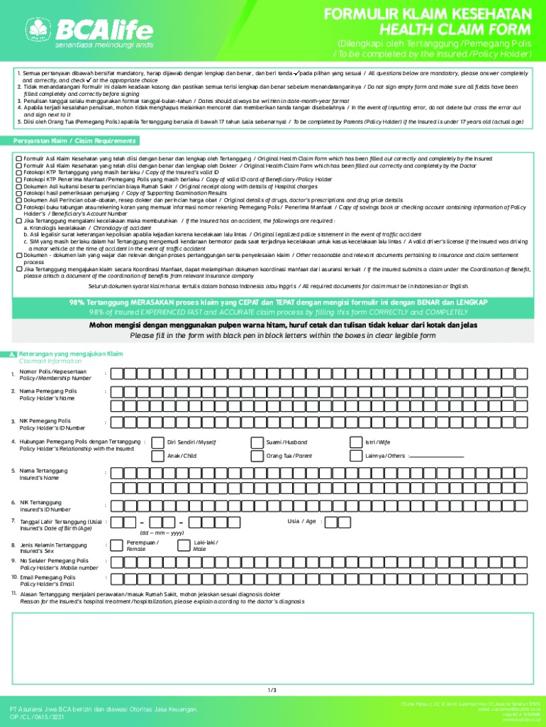 Fillable Online Reimbursement Health Insurance Claim Form Formulir ...
