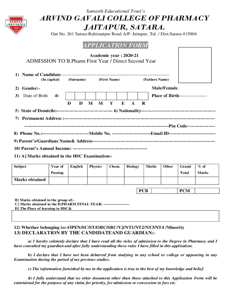 Fillable Online ADMISSION form of AGCOP B.Pharm First & Direct Second year Fax Email Print ...