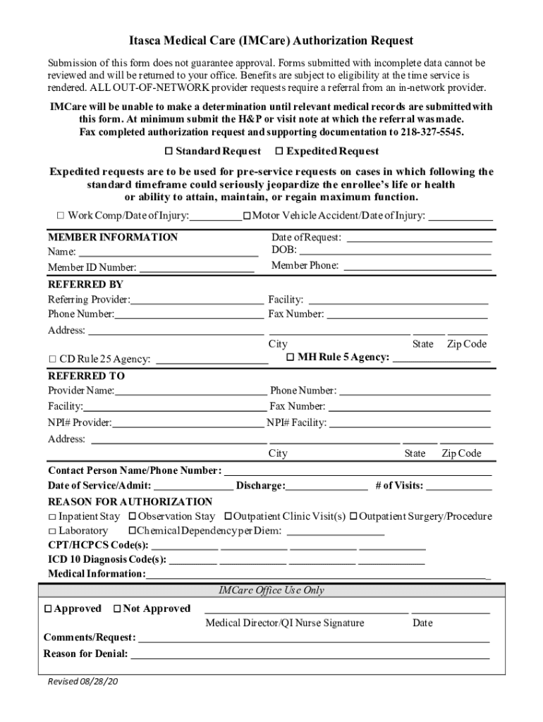 Fillable Online Itasca Medical Care IMCare Authorization Request - US ...