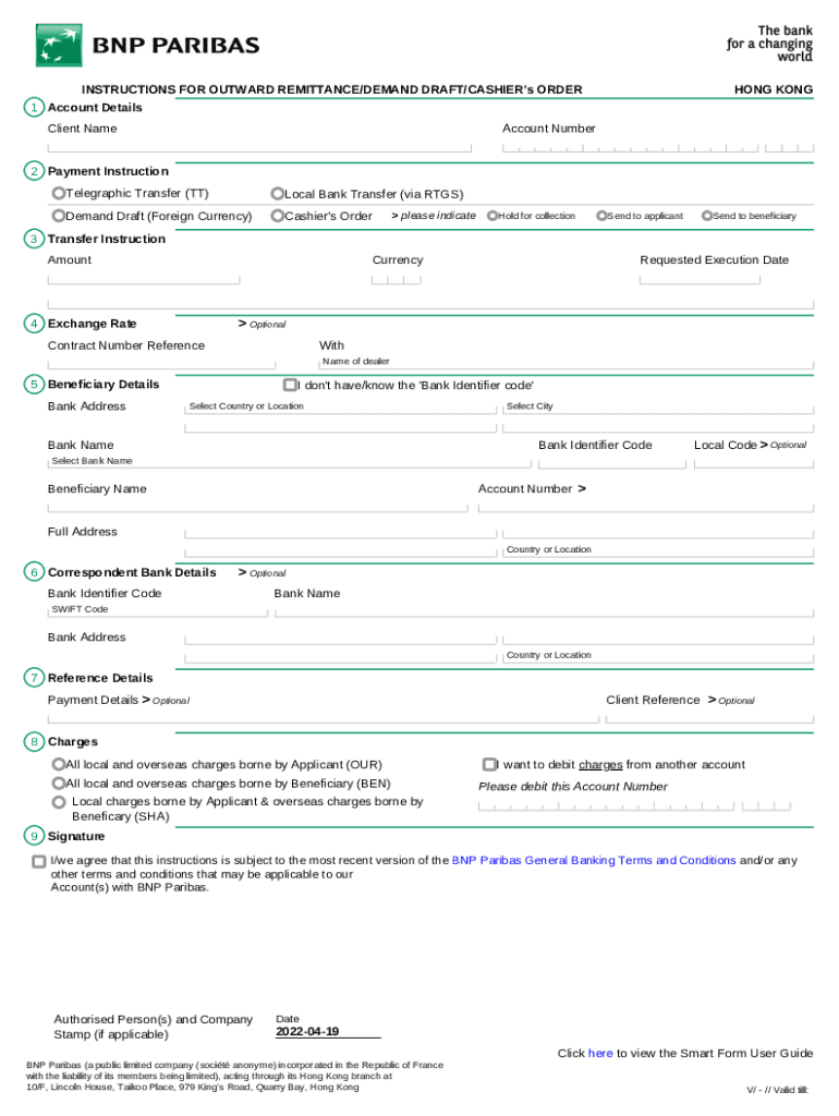 Fillable Online Remittance Application Form BNP (Hong Kong). Outward ...
