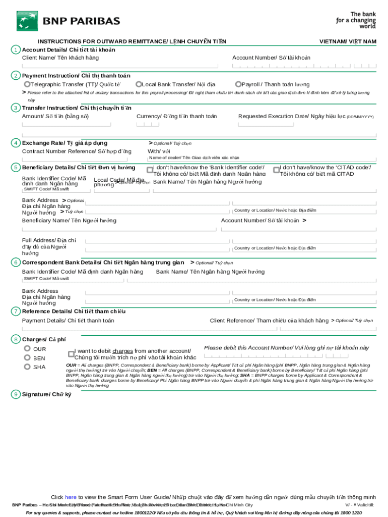 Fillable Online Remittance Application Form BNP (Vietnam). Outward ...