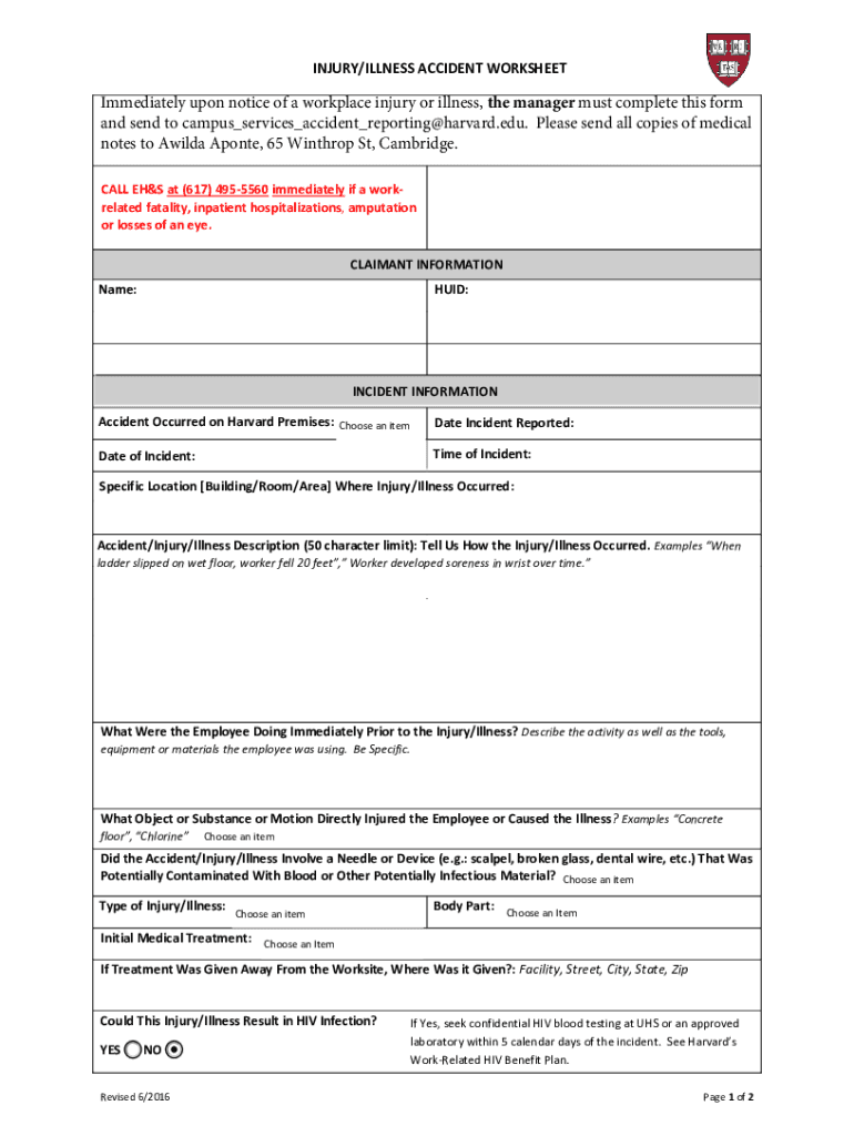Fillable Online fta campusservices harvard injury/illness accident ...