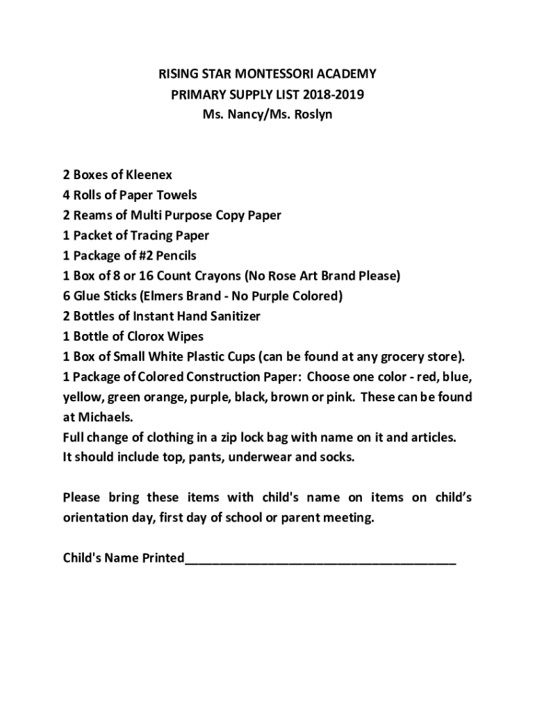 Fillable Online Steele Montessori Academy Primary School Supply List ...