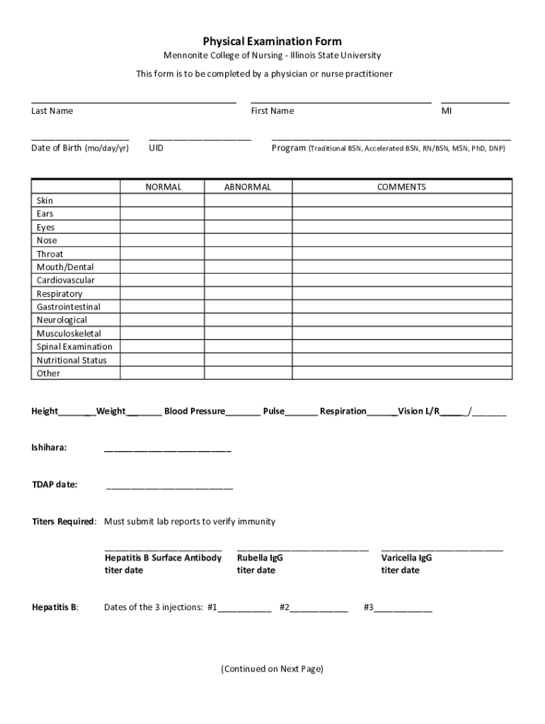 Fillable Online Physical Examination Form - Mennonite College of ...